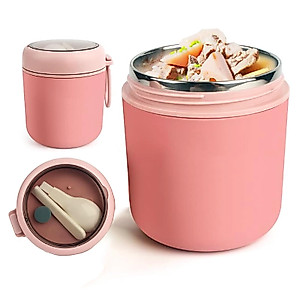 SMALLSHS Vacuum Insulated Food Jar with Foldable Spoon, Stainless Steel Thermal Food Container Food Thermos Soup Cup Leak Proof Hot Cold Food for Office Picnic Travel Outdoors (Pink)