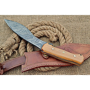 HUNTEX Handmade Hand-Forged Twist Pattern Damascus Steel 15 Inch Long Full Tang Natural Oak Wood Handle Razor Sharp Hunting Camping Kukri Knife w/Genuine Leather Sheath