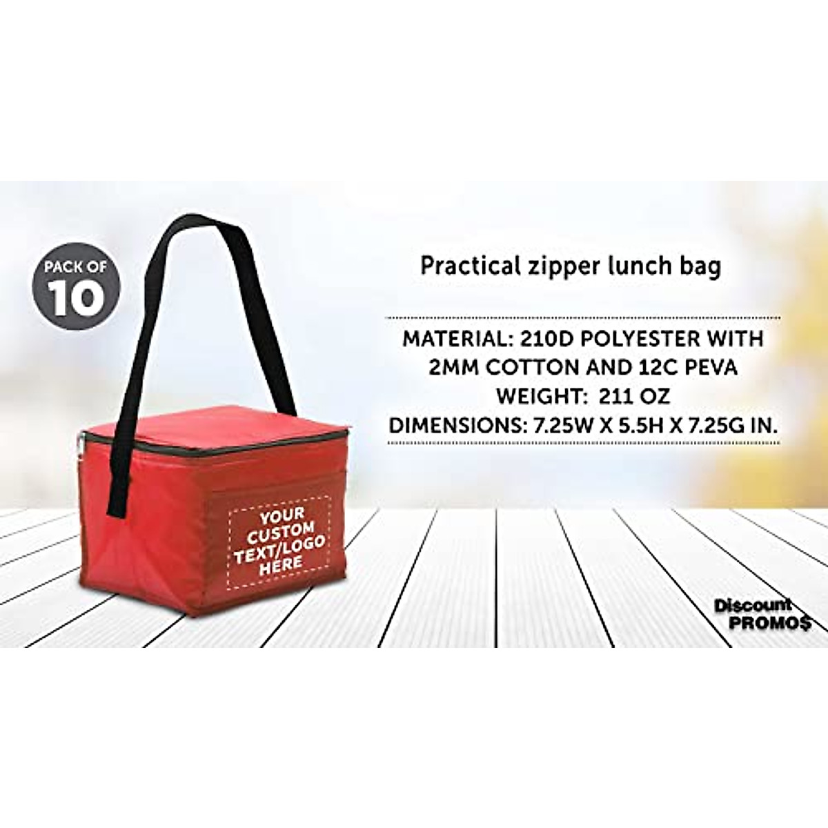 DISCOUNT PROMOS Custom Small Lunch Bags Set of 10, Personalized Bulk Pack - Insulated, Fits 6 Cans, Perfect for the Office, Picnic, Beach - Red