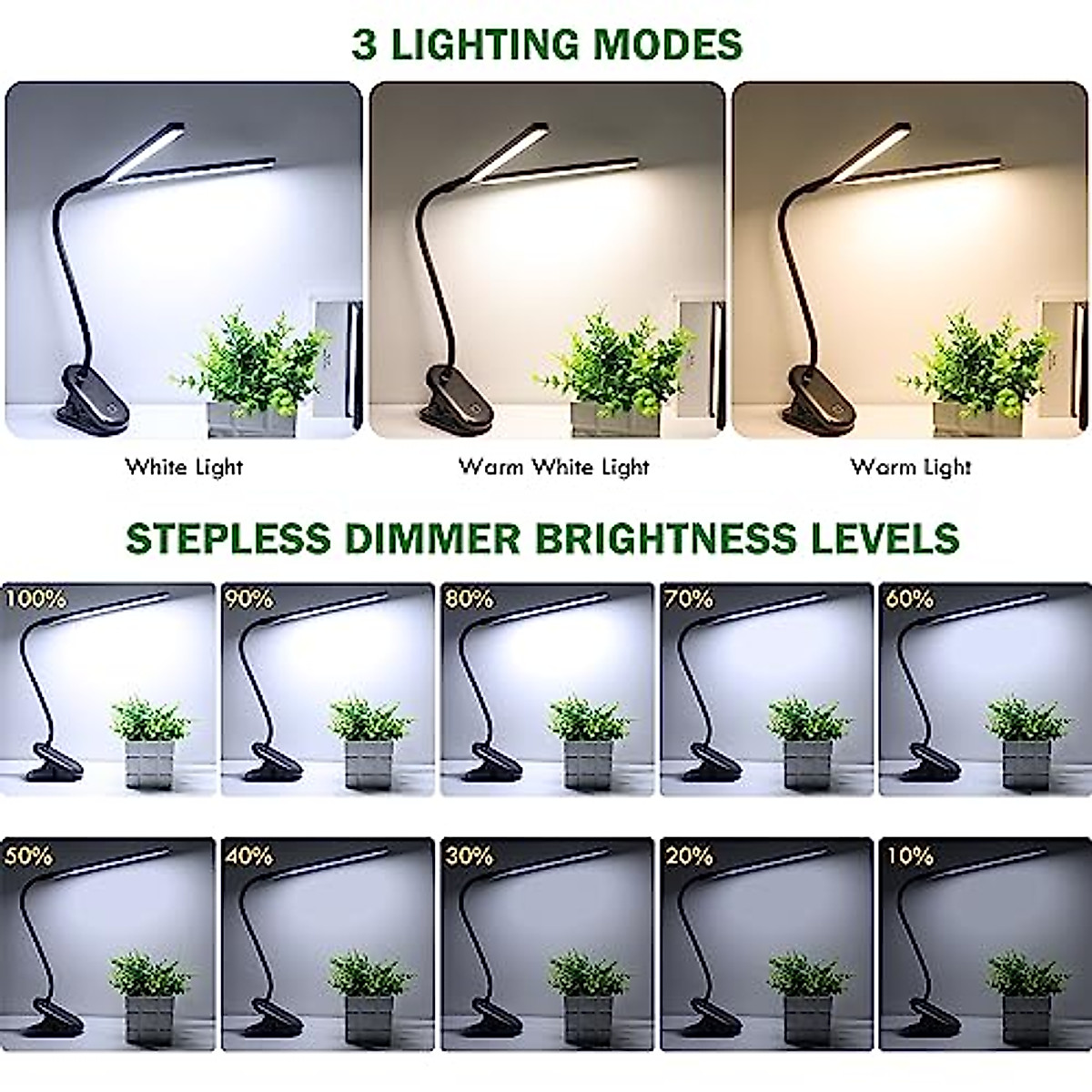 deaunbr LED Reading Light with Clip, Desk Lamp 48 LEDs 2600mAh Battery USB Rechargeable Book Lights Stepless Adjustable Brightness Eye Protection Table Lamps for Bed Headboard, Home, Office - Black