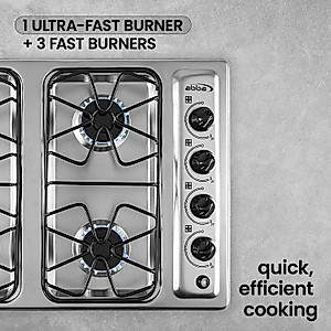 ABBA 24" Gas Cooktop with 4 Burners - Stainless-Steel Table Top with SABAF Aluminum Burners And Porcelain Surface, Home Improvement Essentials, Anti Spill & Easy to Clean, 24" x 3.5" x 19"