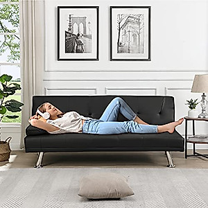 Antetek Futon Sofa Bed, Modern Convertible Upholstered Faux Leather Loveseat Sleeper Sofa Couch w/7 Adjustable Positions, Cup Holder for Living Room, Bedroom, Studio, Office, Black