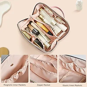 Sanshisi Travel Makeup Bag, Waterproof Leather Portable Cosmetic Travel Bag for Women Large Capacity Cosmetic Organizer Pouch with Compartments and Handle, Pink