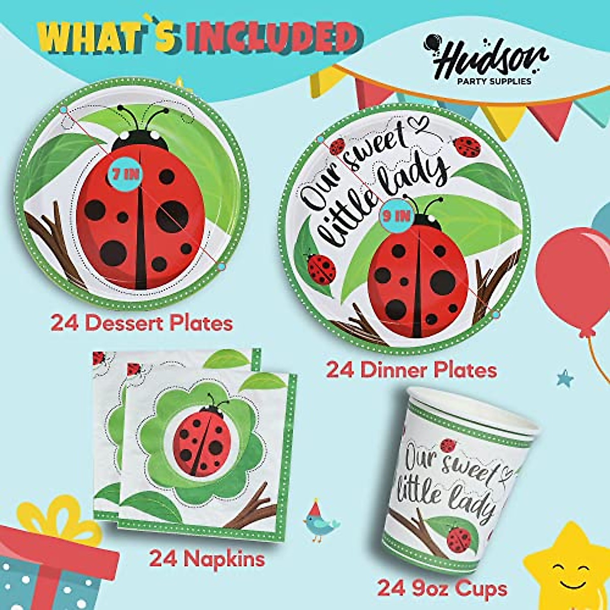 Ladybug Birthday Party Supplies - (Serves 24) - Ladybug Dinner Plates, Dessert Plates, Cups, Napkins. Ladybug decorations for Kids, Boys, Girls and More.