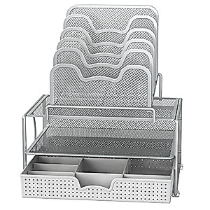 Simple Houseware Mesh Desk Organizer with Sliding Drawer, Double Tray and 5 Stacking Sorter Sections, Silver