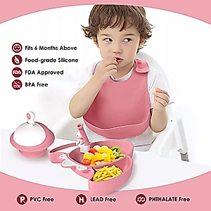 Pinko Coral Baby Led Weaning Supplies Silicone Baby Self Feeding Utensils with Suction Bowl Divided Plate Adjustable Baby Bib Soft Spoon Fork with Lid Drinking Cup Utensil
