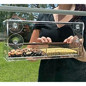 Window Bird Feeder with Strong Suction Cups - Innovative Anti-Yellowing Acrylic Technology - Extra Large 4 Cups Lock in Place Seed Tray