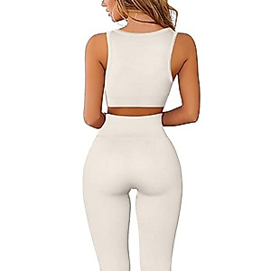 QINSEN Womens Yoga Leggings 2 Piece Outfits Running Crop Top Seamless High Waist Leggings Beige M