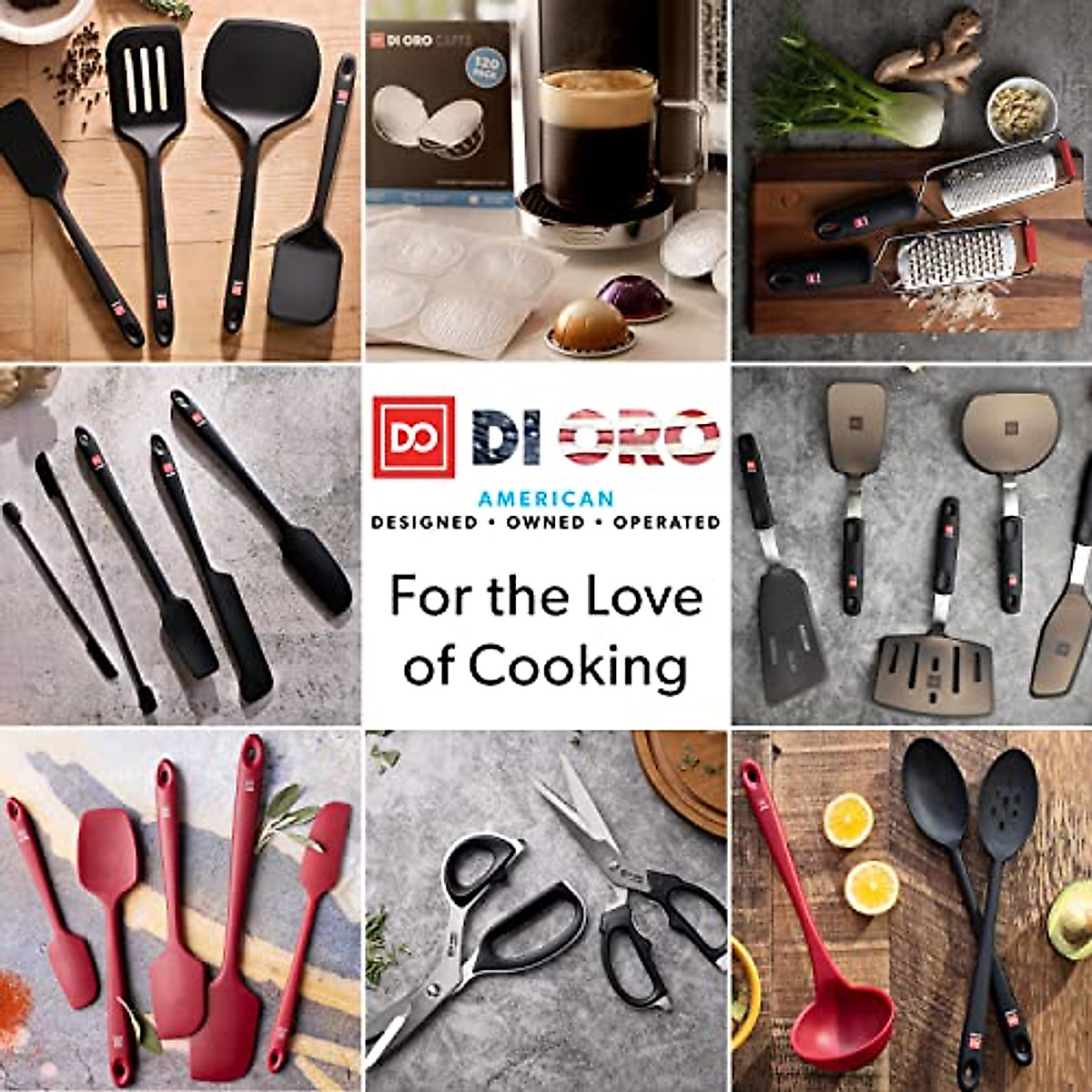 DI ORO Silicone Spoons for Cooking - Large Kitchen Spoons for Mixing, Serving, & Stirring - 600°F Heat-Resistant Non Stick Utensils – Big Solid & Slotted Basting Spoons - Dishwasher Safe (2pc, Black)