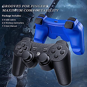 OKHAHA Controller for PS3 Controller Wireless for Sony Playstation 3 Controller, Double Shock 3, Rechargeable, Motion Sensor, Remote for PS3, 2 USB Charging Cords, 2 Pack, Stripes, Black + Blue