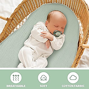 Mixweer 2 Pieces Bassinet Sheet for Boys and Girls Cotton Fitted Sheet Unisex Bassinet Mattress Sheets for Bassinets Baby Cradle Moses Basket Oval Rectangle Pad (Green, Pink,Muslin Cotton)