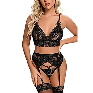 Aranmei Women Lingerie Sets with Garter Belt 3 Piece Sexy Lace Teddy Babydoll Bodysuit Black S