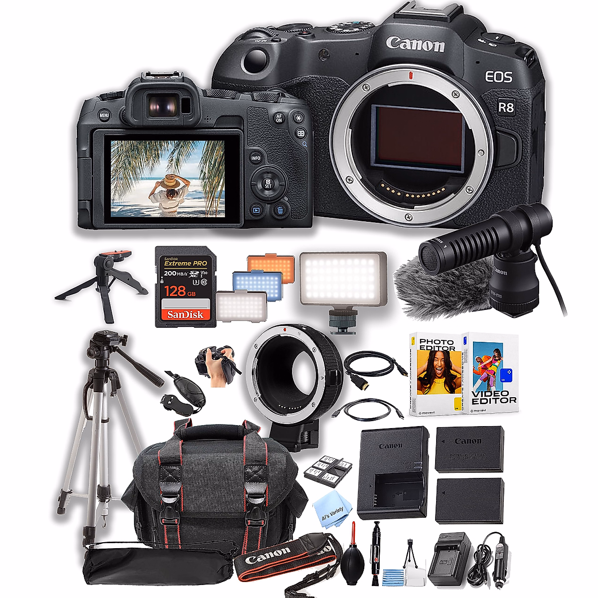 Canon EOS R8 Mirrorless Camera Body + 128GB Pro Speed Memory + EF-RF Lens Adapter + Led Video Light + DME 100 Microphone +Case + Tripod + Software Pack-Video Bundle (Renewed)