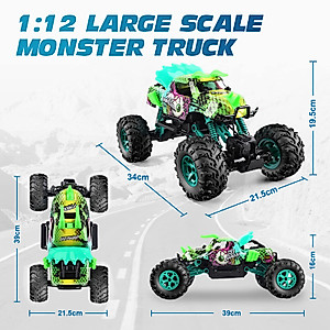 Holyton Remote Control Cars, 1:12 Large Scale Dinosaur Monster RC Trucks, 4WD Liftable Chassis Off Road Rock Crawler for Kids, 2 Batteries for 60+ Minutes Play, RC Car Toys Gift for Boy & Girls