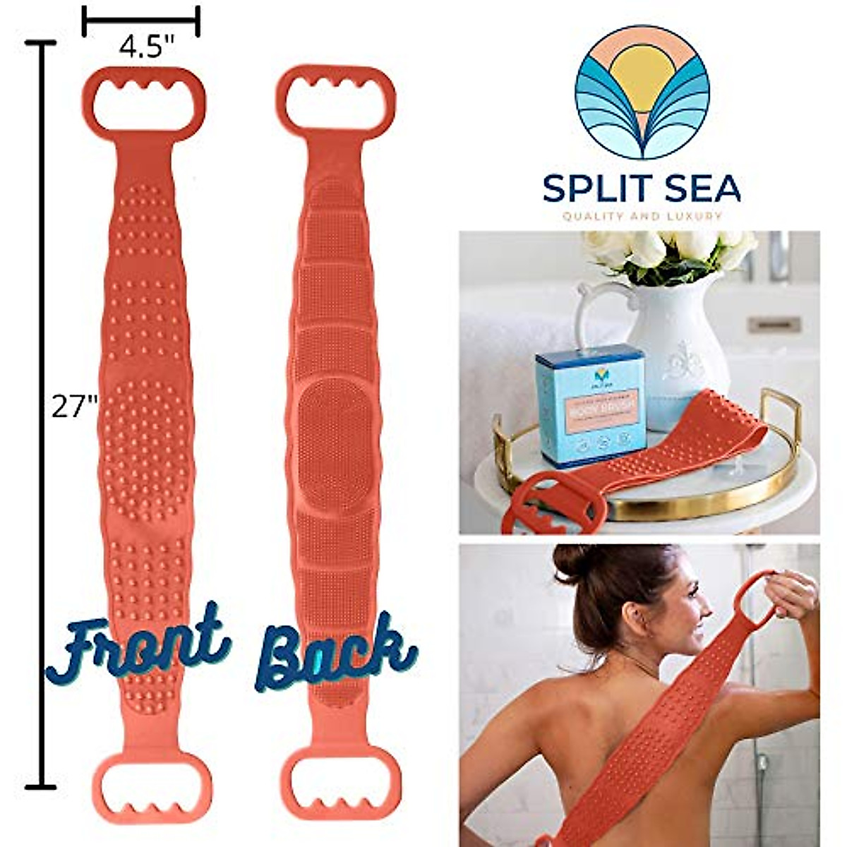 Back Scrubber for Shower, Silicone Bath Body Brush Cleanses, Exfoliates & Massages Dual-Sided Easy to Clean High Quality Premium Invigorate Skin, Improve Acne & Bathe SplitSea (27.5 Inch, Sunset Red)
