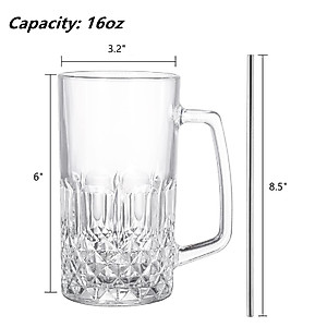 Frcctre 6 Pack 16 Oz Glass Beer Mug, Large Beer Glasses Steins with Handle and Stainless Steel Straws, Crystal Lead-Free Drinking Glasses Water Cups for Beer, Juice, Beverage, Bar