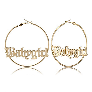 Fashion Retro Word Hoop Earrings Hip-Hop Golden Big Hollow Round Circle Letter Earrings Exaggerated Personality Geometric Punk Party Jewelry for Women-E