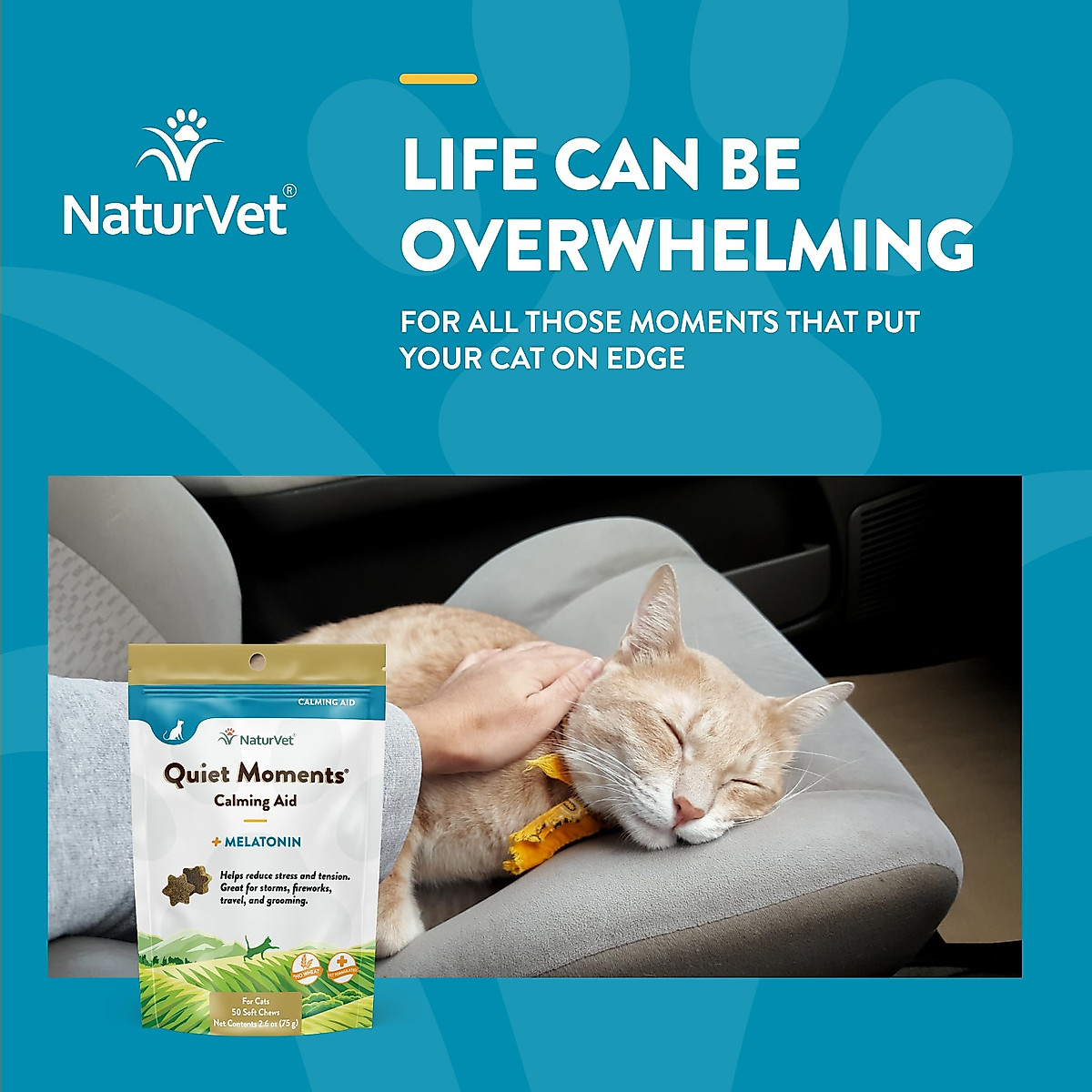 NaturVet Quiet Moments Calming Aid Cat Supplement Plus Melatonin – Helps Reduce Stress in Cats – for Pet Storm Anxiety, Motion Sickness, Grooming, Separation, Travel – 50 Ct. Soft Chews