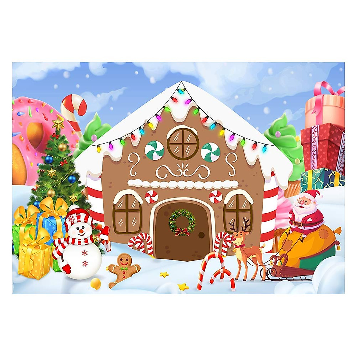 Funnytree 7x5ft Christmas Gingerbread House Backdrop for Party Winter Merry Xmas Candy Gifts Photography Background Santa Baby Shower Birthday Portrait Cake Table Decoration Banner Photo Booth