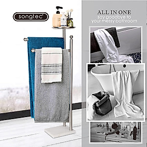 Songtec Towel Rack Stand for Bathroom, 2-Tier Towel Holder Stand for Bath Towels Max to 68” & 60” Long, Practical Shelf on Top for Phone, Shampoo, Body Wash