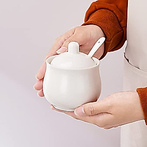 CHILDIKE Ceramic Sugar Bowl with Lid and Spoon, White Porcelain Sugar Salt Pepper Storage Jar, 8 Ounces