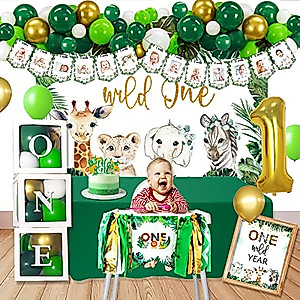 Wild One Birthday Decorations Supplies, Jungle Theme First Birthday Decoration, Wild One Backdrop High Chair Banner, First Birthday Balloon Box for 1st Birthday Boy Girls Decorations, Jungle Safari 1st Birthday Party Supplies