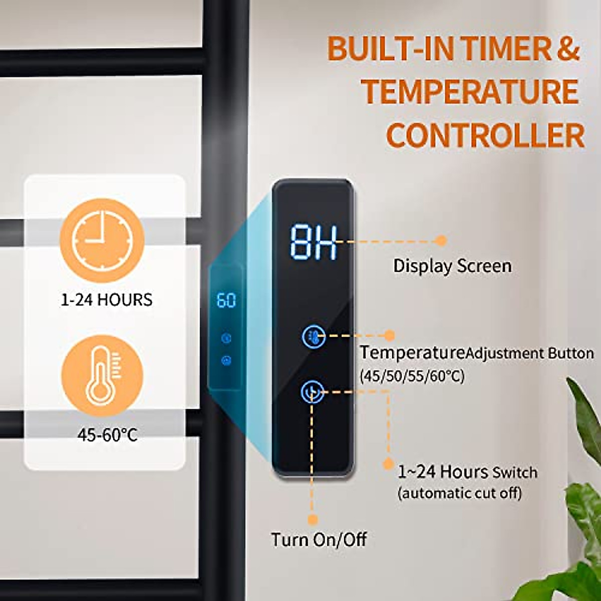 MAVENCOOL Heated Towel Warmer Rack, 6 Bars Wall Mounted Electric Towel Warmer for Bathroom, Plug-in Towel Drying Rack, Matte Black Stainless Steel Hot Towel Rack with Timer and LED Indicator