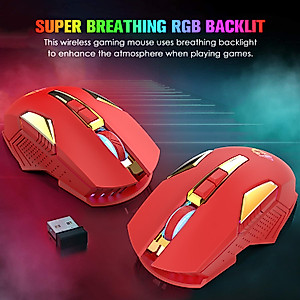 FELICON Wireless Gaming Mouse Rechargeable with Rainbow RGB Backlit,Optical Sensor 3 Level DPI,Ergonomic Gamer Laptop High Performance PC Mice with 8 Buttons for Windows 7/8/10/XP Vista（Red）