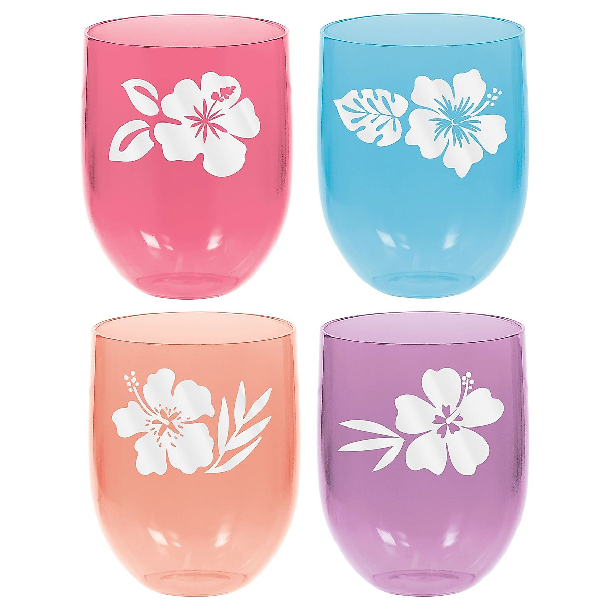 Premium Colored Hibiscus Stemless Wine Glasses - 15.2 oz. (Set of 4) - Perfect for Entertaining & Gift Giving