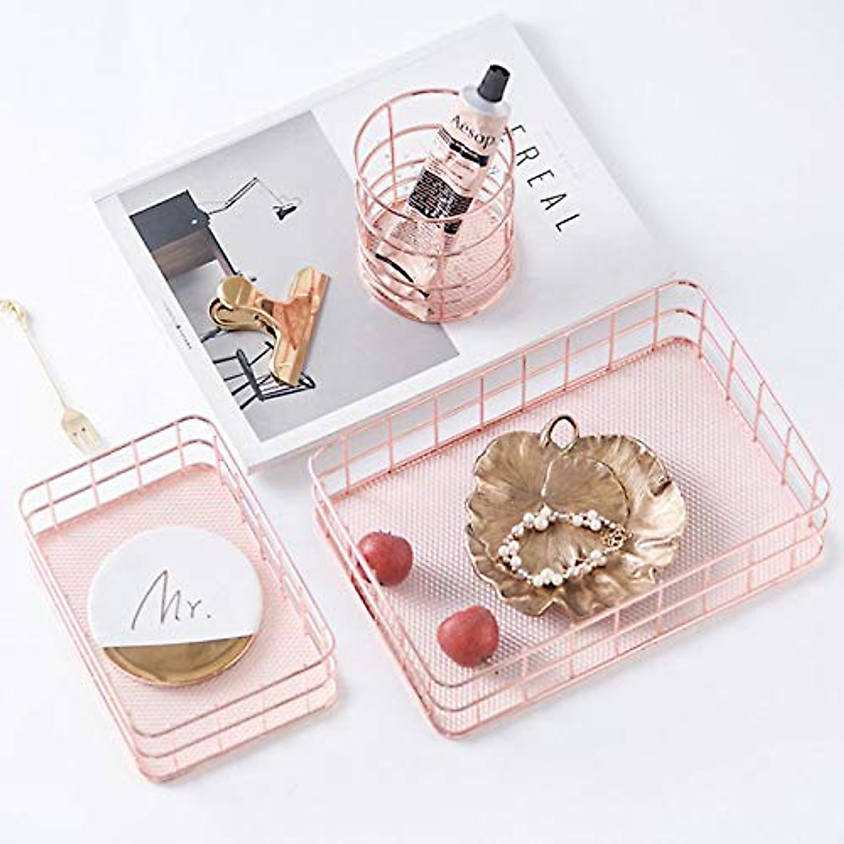 SING F LTD 4X Rose Gold Wire Mesh Basket Box Storage Container Metal Storage Baskets Set Iron Hollow Makeup Brush HolderBathroom Bedroom Decor