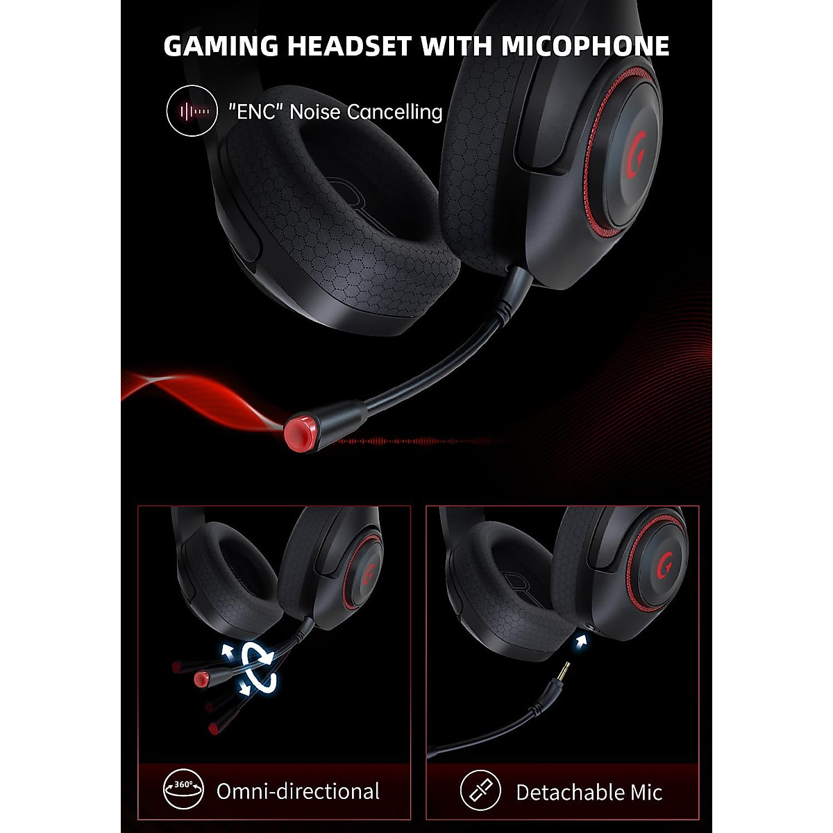 KAPEYDESI Wireless Gaming Headset, 2.4GHz USB Gaming Headphones for PC, PS4, PS5, Mac with Bluetooth 5.2, 40H Battery Life, Detachable Microphone, 3.5mm Wired Jack for Xbox Series (Black Red)