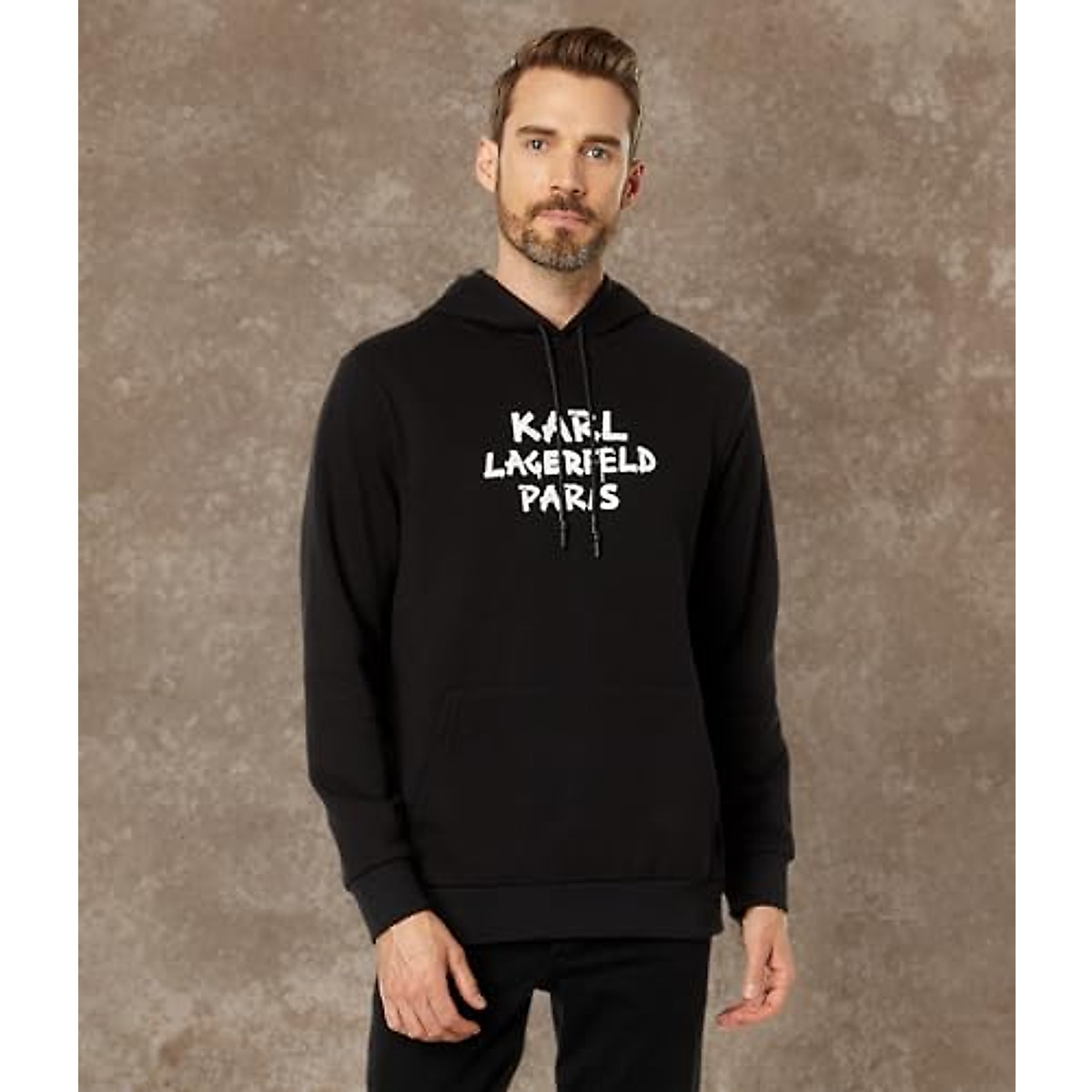 Karl Lagerfeld Paris Men's Solid Center Logo Drawcord Hoodie, Black, X-Large