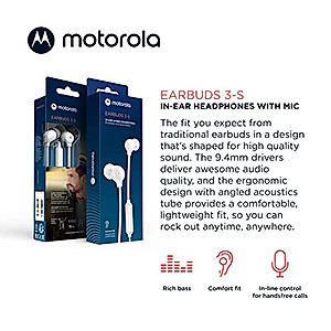 Motorola Earbuds 3-S Wired Earbuds with Microphone - Corded in-Ear Headphones, Comfortable Lightweight Silicone Ear Buds, Non-Tangle Flat Cable, 9.4mm Drivers Clear Bass Sound - White