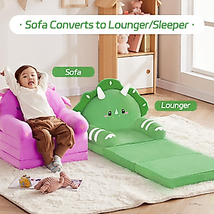 Hallo Deer Kids Couch Fold Out Soft Toddler Chair, 3-in-1 Kids Chair for Toddlers, Kids Sofa Dinosaur Chair, Children Couch for Toddlers 1-3, Kids Folding Toddler Chairs for Boys and Girls
