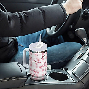 ALAZA Cute Cherry Flowers Plaid 40 oz Tumbler Water Bottle with Straw Lid and Handle,Reusable Insulated Stainless Steel Cup for Women Men Travel Car Cup Holder
