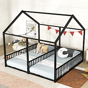 Double Floor Bed for Twins,Twin Size House Bed for 2 Kids,Two Shared Beds,Twin House Platform Beds,Metal Floor Bed Frame with Rails for Girls,Boys(Black)