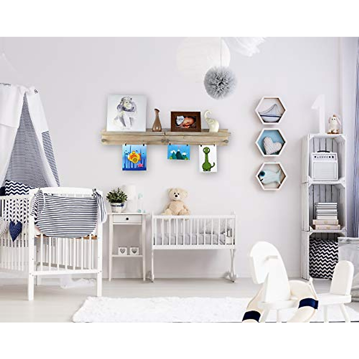 DUCIHBA Set of 2 Wall Mounted Picture Ledge Display Floating Shelves, Twine Cords with Metal Clips to Hanging Photos, Prints, Artwork for Nursery, Living, Bedroom, Rustic Torched Wood, Farmhouse Gray