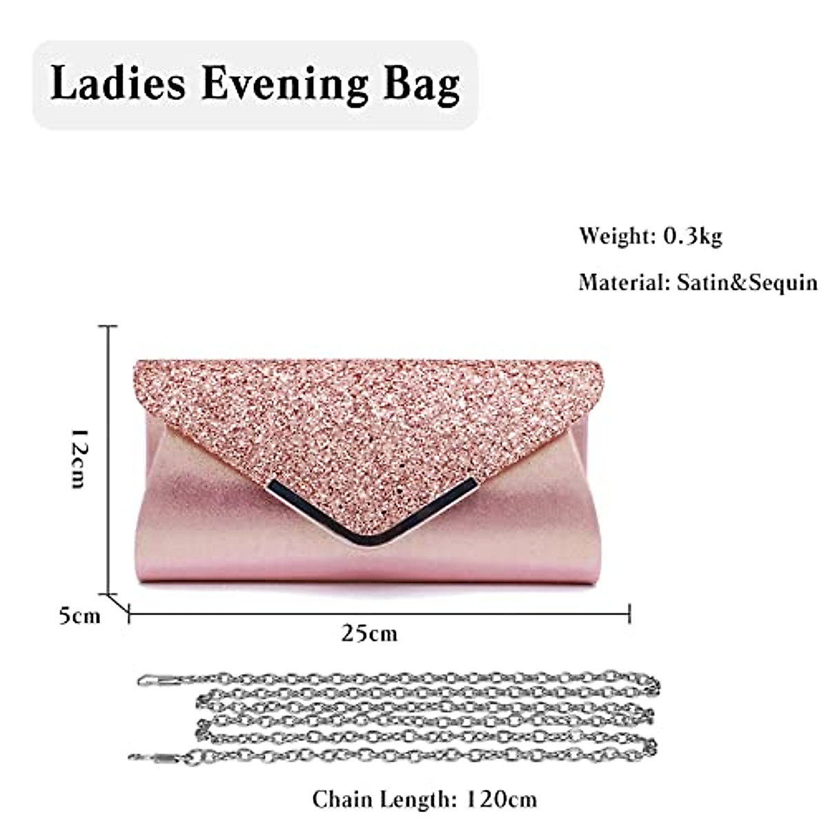 CORIOS Women Envelope Clutch Bag Sequins Evening Bag Shiny Handbag with Detachable Chain Bridal Wedding Purse Sparkly Shoulder Bag Elegant Crossbody Bag for Wedding Cocktail Prom Party Pink A