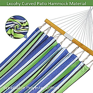 Lxoohy Portable Patio Double Hammock with Travel Bag, 2 Person Outdoor Hammock with Foldable and Curved Spreader Bar, D Rings and Tree Straps for Camping, Picnic, Backyard, Green Blue
