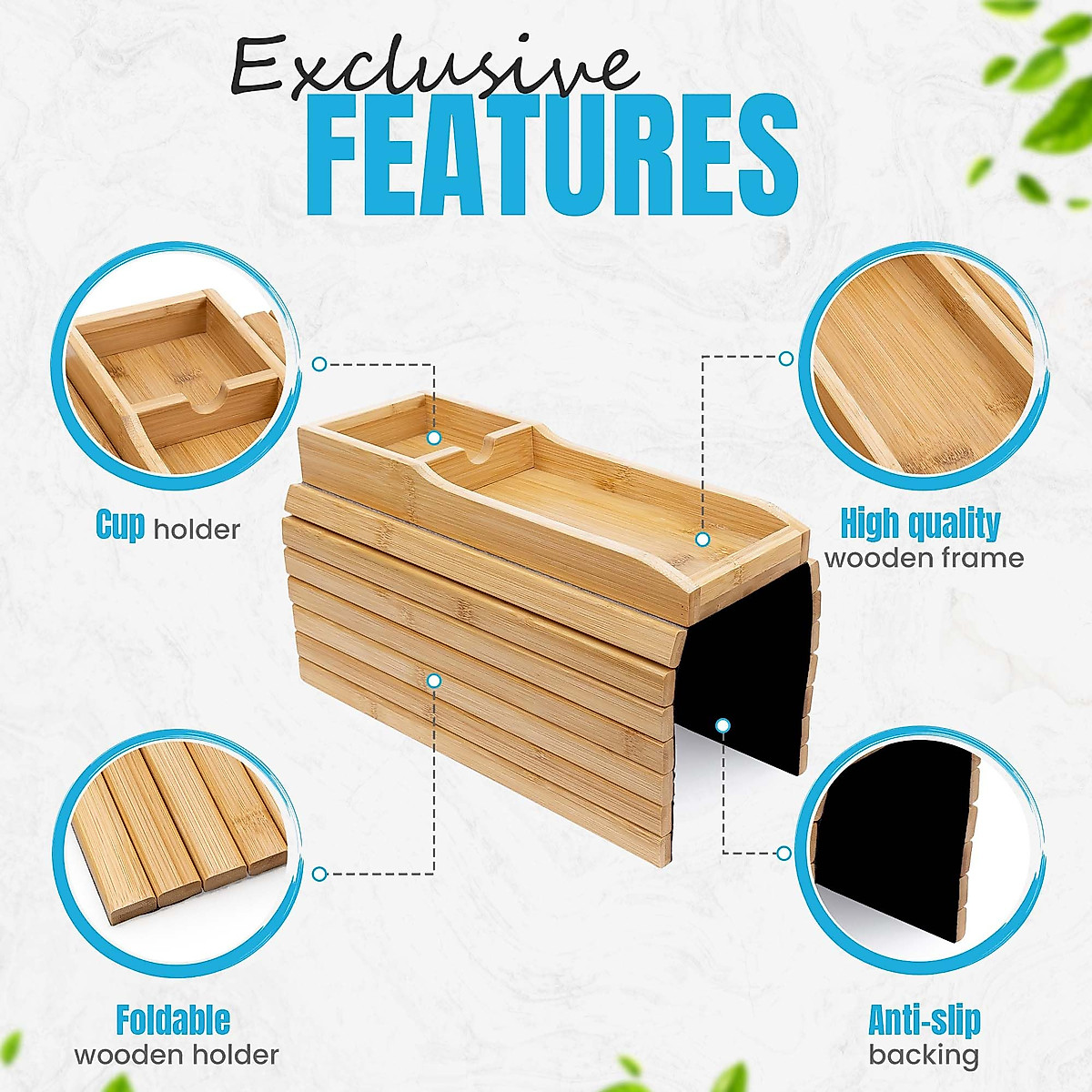 Couch Cup Holder Tray Couch Caddy Anti-Slip Bamboo Sofa Arm Tray *2-Pack* Organizer for Remote Control, Drinks, Snacks, Phone,- Foldable and Easy to Clean, Movie Must-Haves, Armchair Accessories