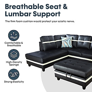 Caberryne Sectional Couch for Living Room Furniture Set Black,Sectional Sofa Set L Shape Sofa and Chaise with Storage Ottoman for Living Room/Apartment（Black,Facing Left Chaise）