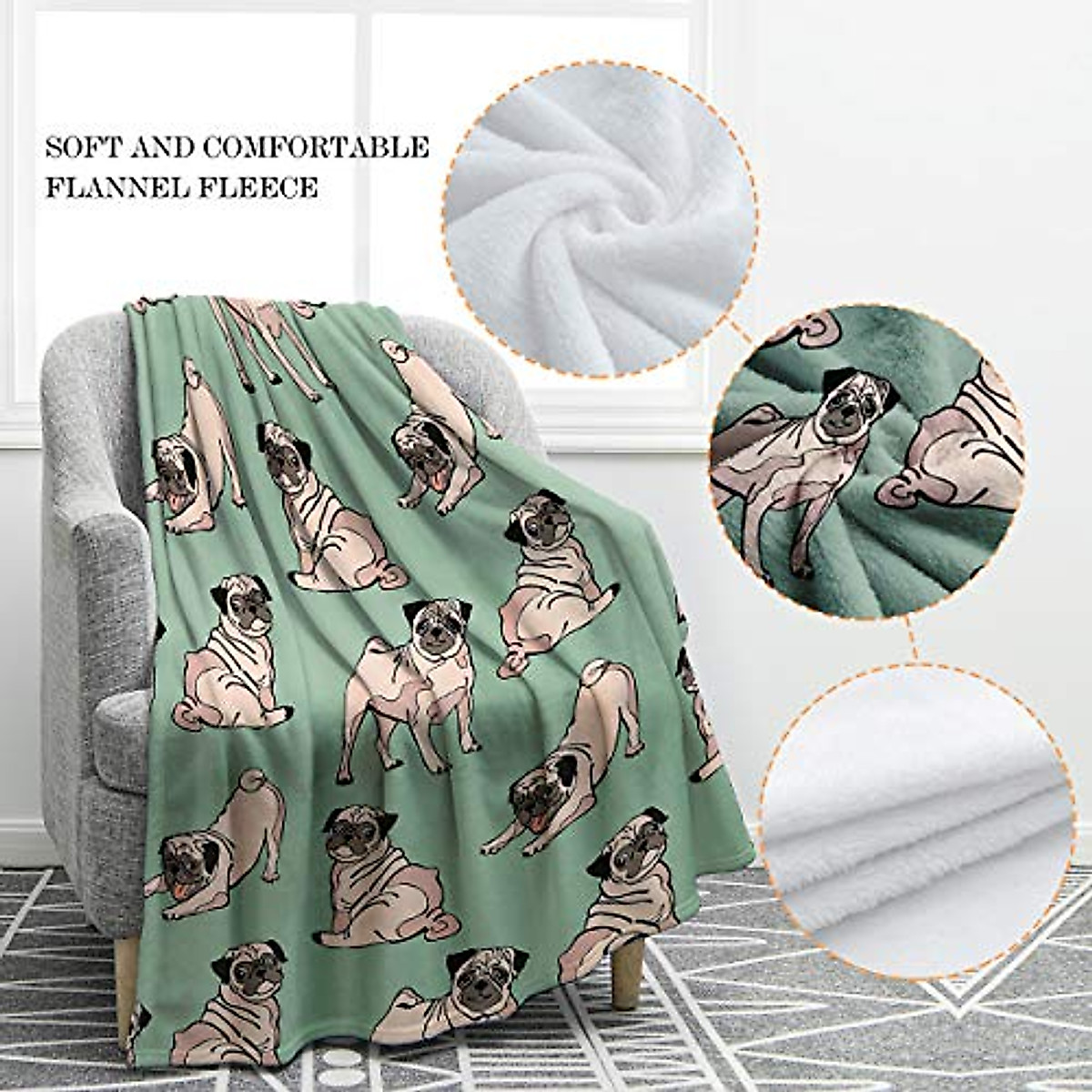 Jekeno Pug Dog Blanket Cartoon Smooth Soft Print Blanket Kid Baby for Sofa Chair Bed Office Travelling Camping 50"x60"