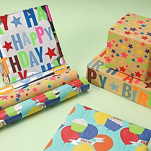 BIOBROWN Kraft Birthday Wrapping Paper - 17 Inch X 10 Feet (4 Rolls: 56.6 sq. ft. ttl.) Cupcake & Star Design Perfect for Party, Holiday, Baby Shower