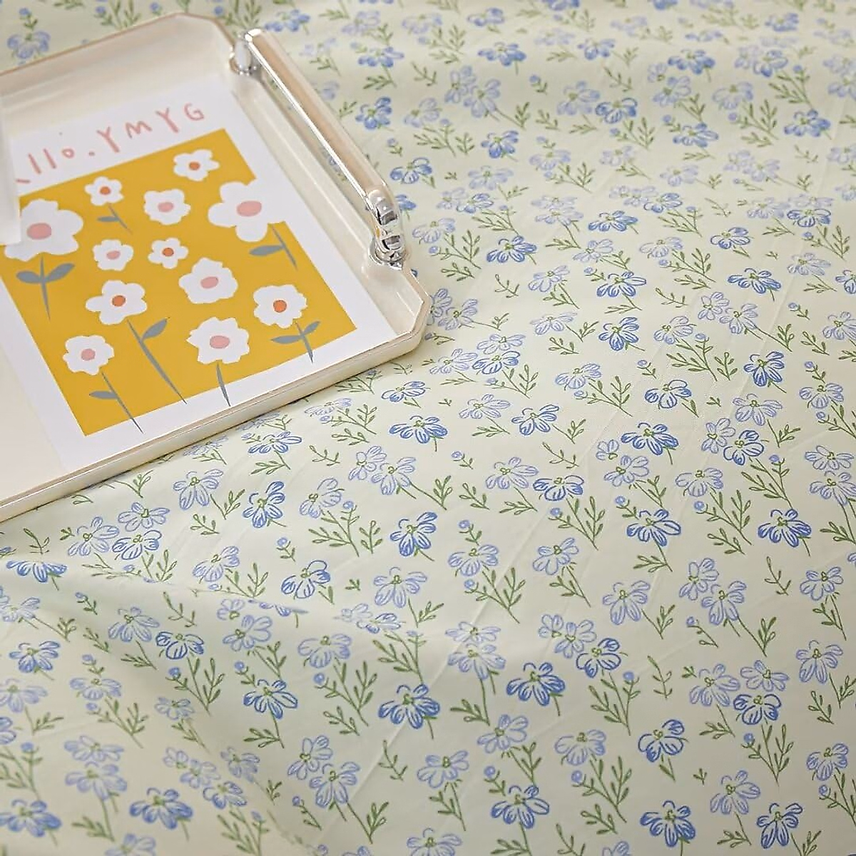 MKXI Princess Floral Comforter Set Ruffled Comforter Wildflowers Patern Full Size Cute Artistic Bedding Set Light Green Bed Comforter for Girls Blue Flowers Bedding Comforter Duvet Set