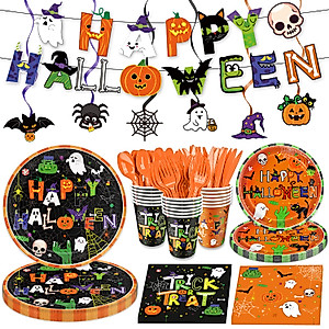 Halloween Party Supplies Set, Halloween Party Supplies Decoration - Paper Plates, Napkins, Cups, Cutlery, Banner and Hanging Swirls - 24 Serves