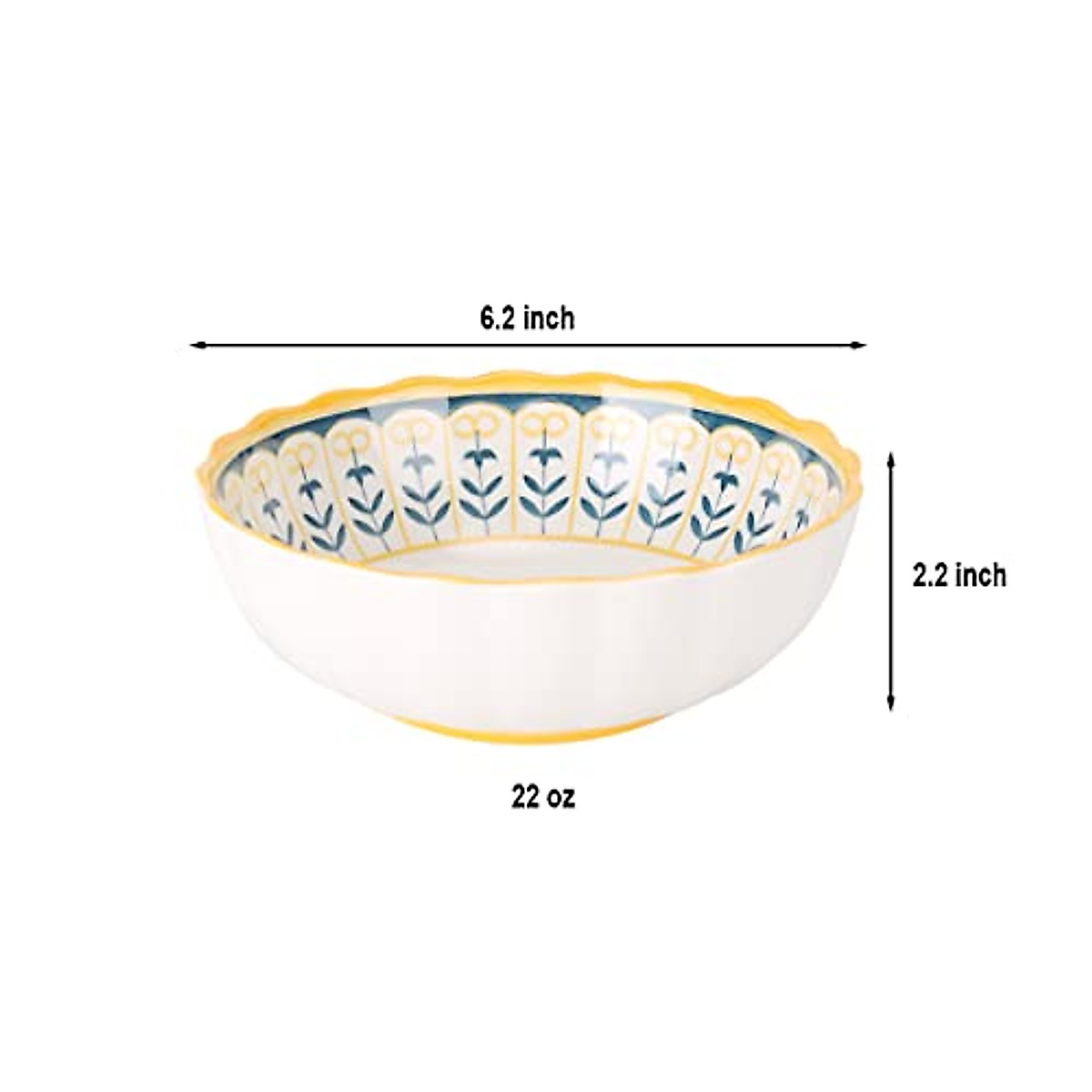 bozopion 22 oz Ceramic Soup Bowls,Set of 4,Wavy Rim Pattern Porcelain Bowls for Kitchen,White Blue and Yellow Cereal Bowls