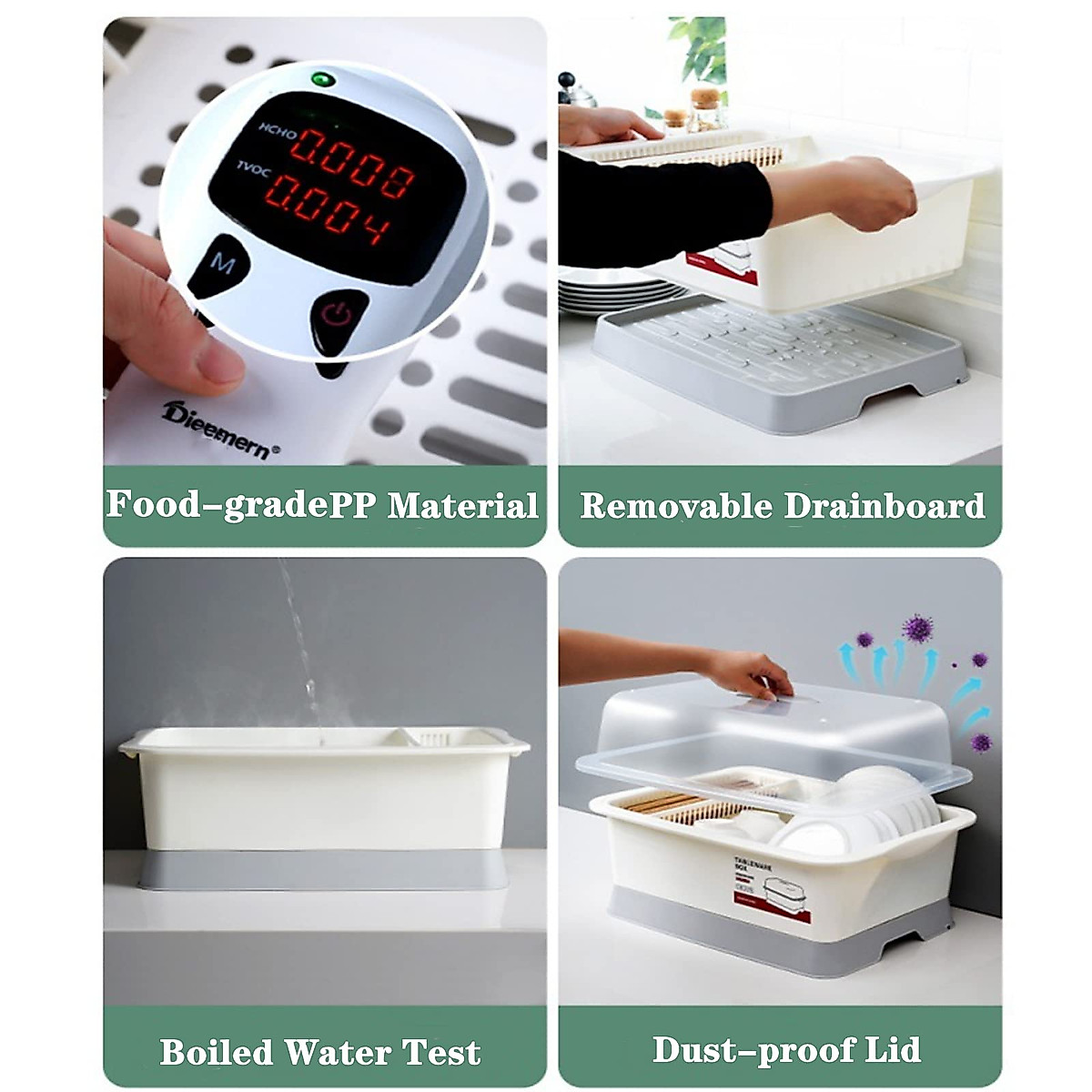 Lyellfe Plastic Dish Drying Rack, Dish Dryer Holder with Cover Lid and Removable Drainboard, White Utensil and Cup Holder for Kitchen Counter, Dish Dryer Shelf, Medium Size