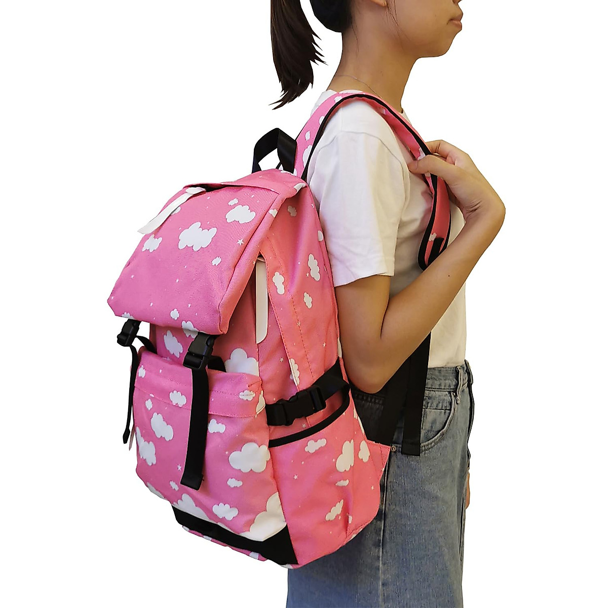 INNTURT Canvas Pink Cute Stars Cloud Backpack BookBag Laptop Backpack Travel Bag Rucksack Satchel Bag Kawaii Bag
