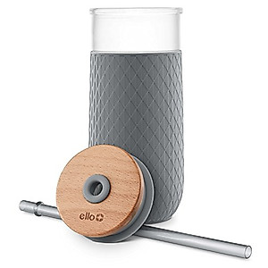 Ello Devon Glass Tumbler with Protective No Sweat Silicone Sleeve and Splash Proof Wooden Detail Lid with Straw, 18 oz