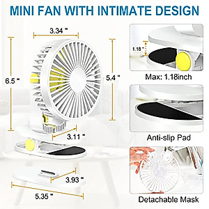 Small Desk Fan - USB Fan with 2 Bases as Desktop Fan, Clip On Fan for Table and Baby Stroller, Portable Rechargeable Clip Fan with 3 Speed and 5000 mAh Battery for Office, Bedroom, Camping, Travel